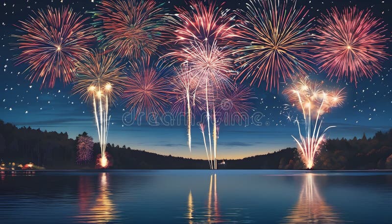 Fireworks over the Lake stock illustration. Illustration of person ...