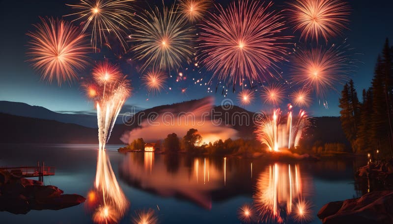 Fireworks over the Lake stock illustration. Illustration of recreation ...