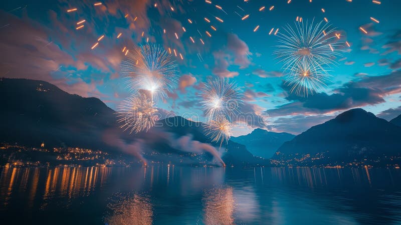 Fireworks Over Lake and Mountains a Breathtaking View of Fireworks ...