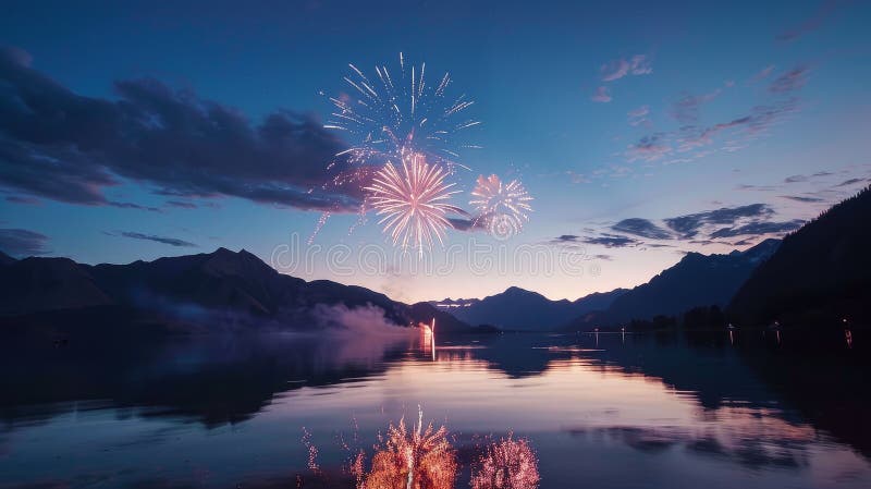 Fireworks Over a Lake and Mountains a Breathtaking View of Fireworks ...