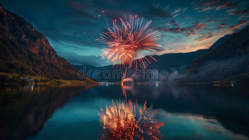Fireworks Over a Lake with Mountains a Stunning View of Fireworks ...