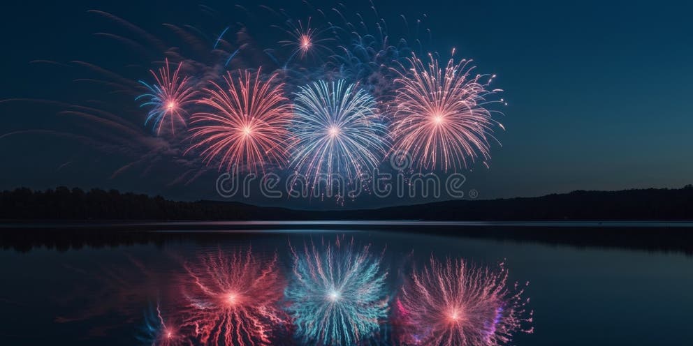 Fireworks Over Lake with Negative Space on Bottom Stock Photo - Image ...