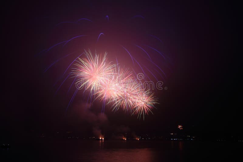 Fireworks over lake stock image. Image of blue, happy - 85725699