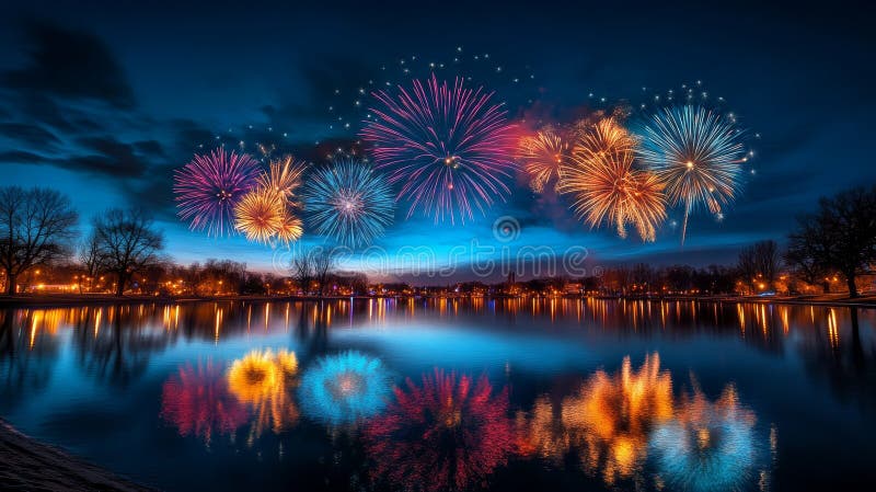 Fireworks Over a Lake at Night with Reflections Stock Illustration ...