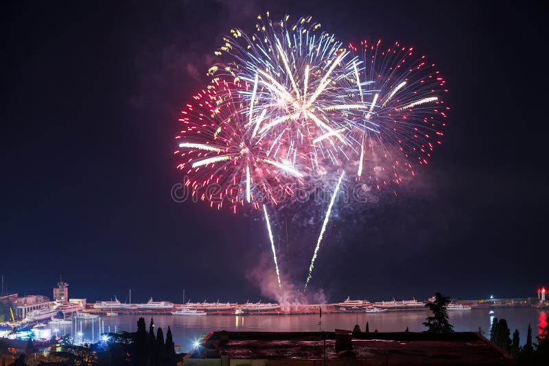 Fireworks Over the Night a Beautiful City Stock Image - Image of city ...