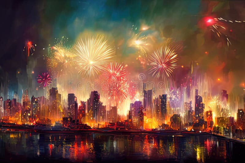 Realistic Colorful Explosion of Fireworks Over the Night City Landscape ...