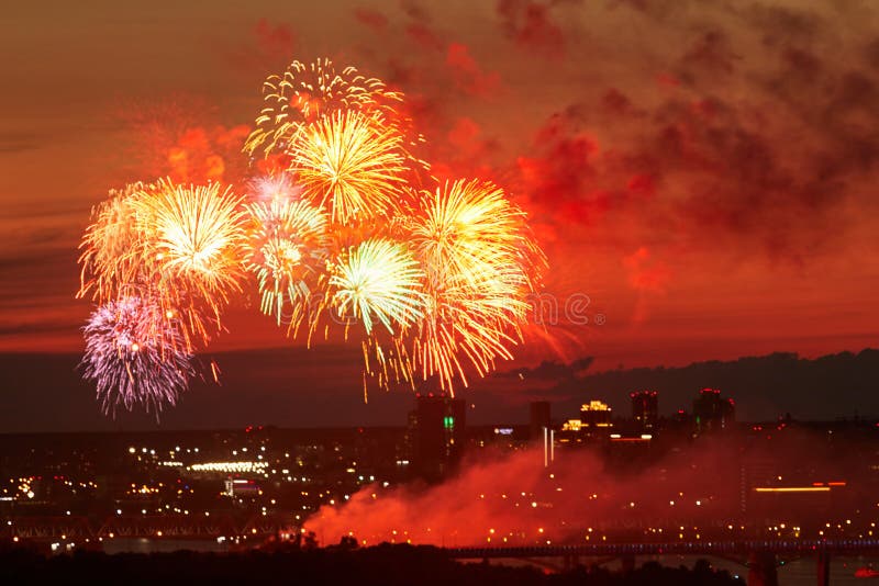 Fireworks over night city stock photo. Image of happy - 203337788