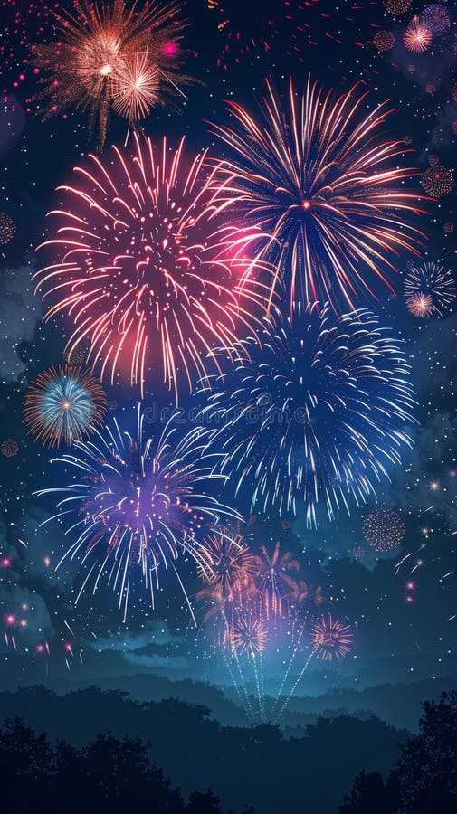 Fireworks Over Night Sky and Trees Stock Photo - Image of illumination ...