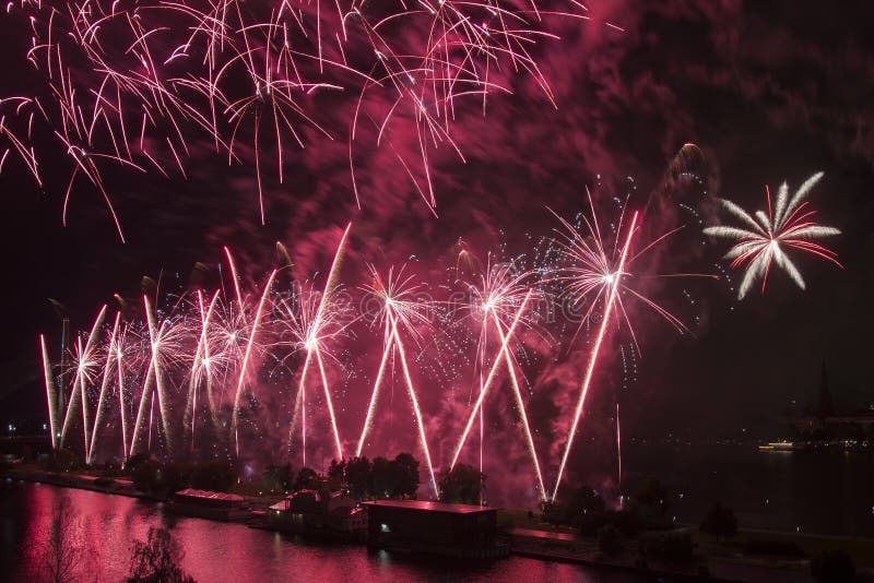 Fireworks in Riga, Latvia stock image. Image of honor - 137924129