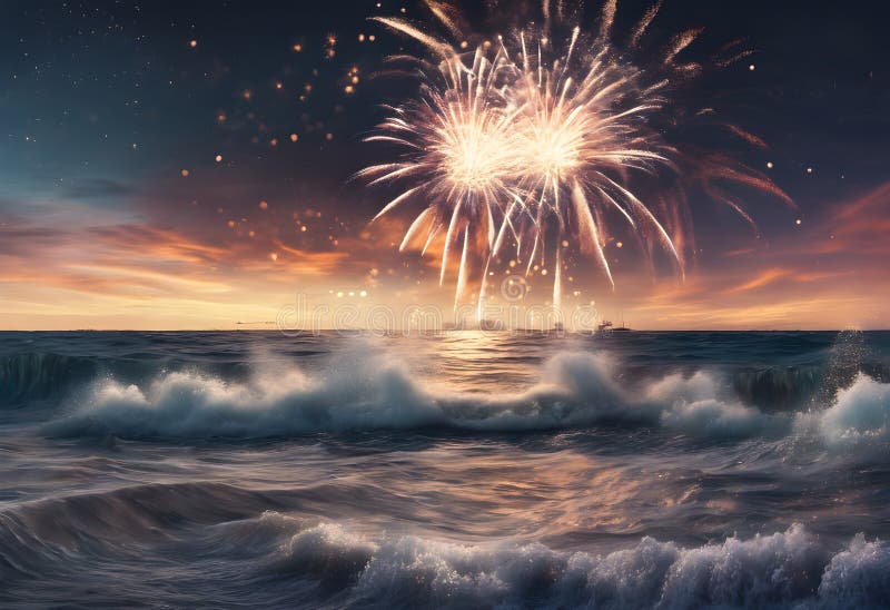 Fireworks over the sea stock illustration. Illustration of event ...