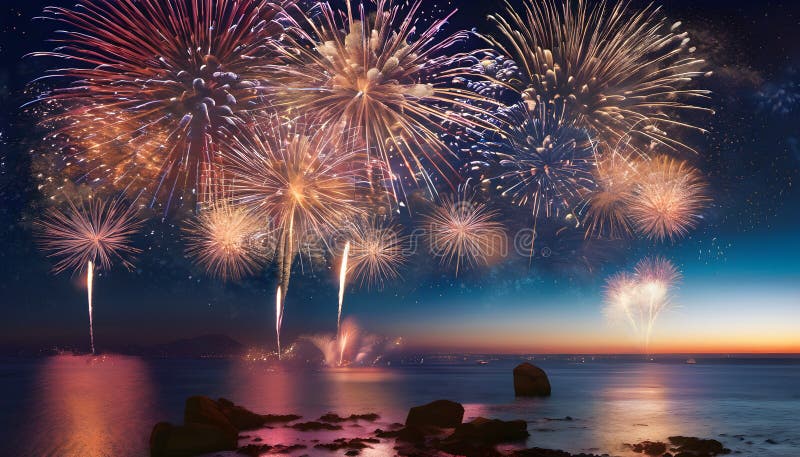 Fireworks over the Sea stock illustration. Illustration of sports ...