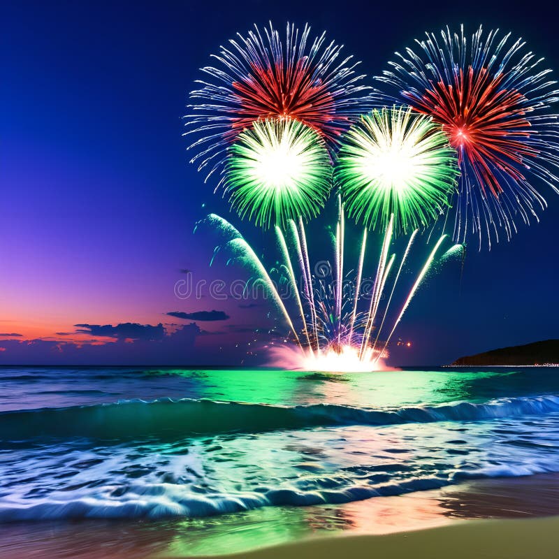 Fireworks over the sea stock illustration. Illustration of light ...