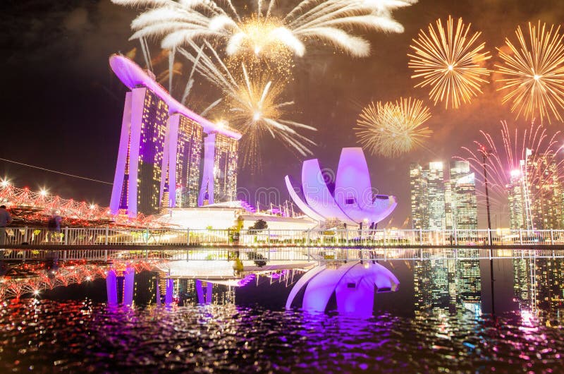 Fireworks Over Singapore Skyline Stock Photo - Image of landscape ...
