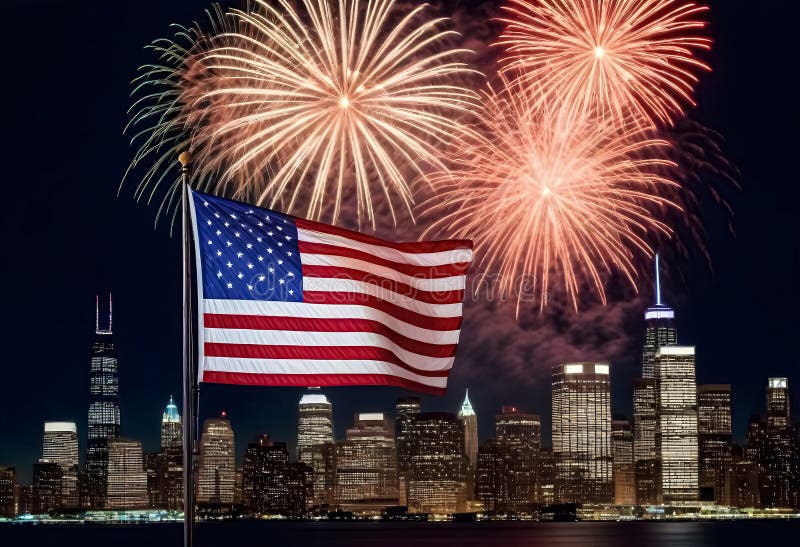 Fireworks Over the Skyline with American Flags and City Scape of ...