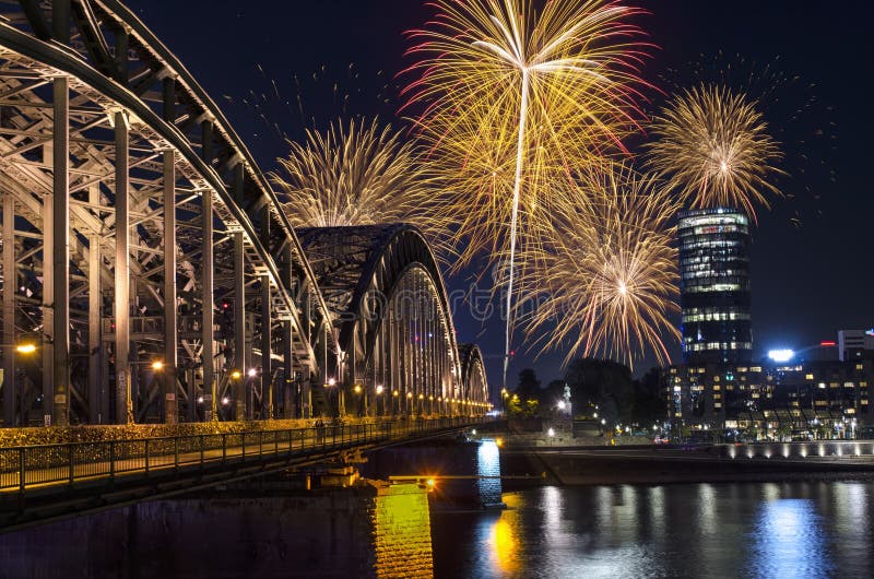 Fireworks Over Skyscraper and Bridge Stock Image - Image of ...