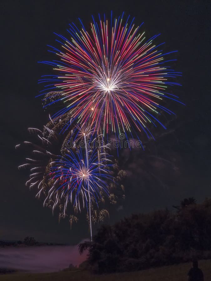 Fireworks over tree line stock photo. Image of event - 44319898