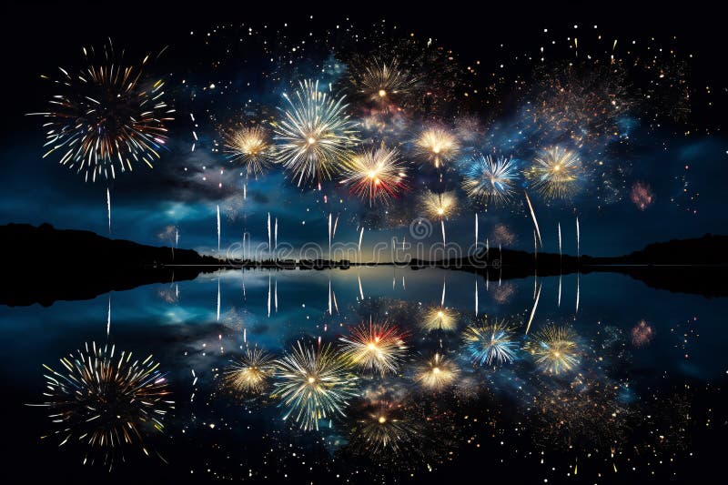 Fireworks Over Water with Cityscape Reflection Stock Illustration ...