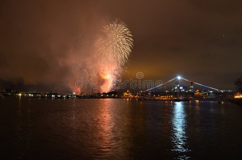 High Explosion Fireworks Over Water San Diego, California Midway Stock ...