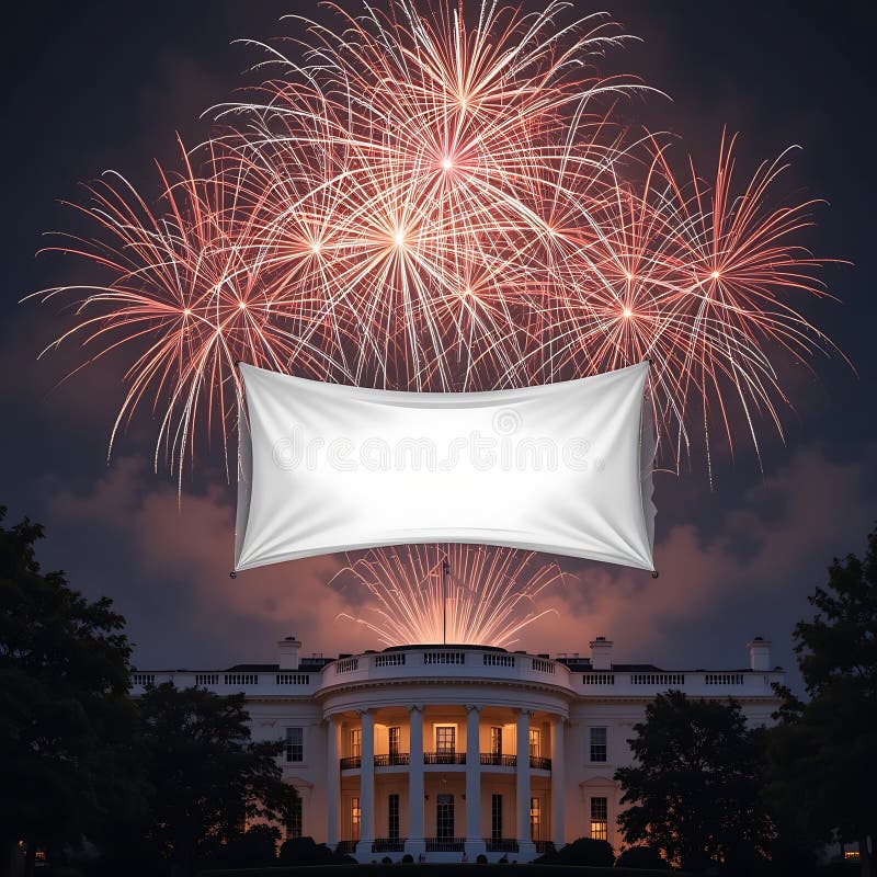 Fireworks Over White House with Blank Banner for Fourth of July Stock ...