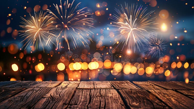 Fireworks Over a Wooden Table with Blurred Lights in the Background, AI ...