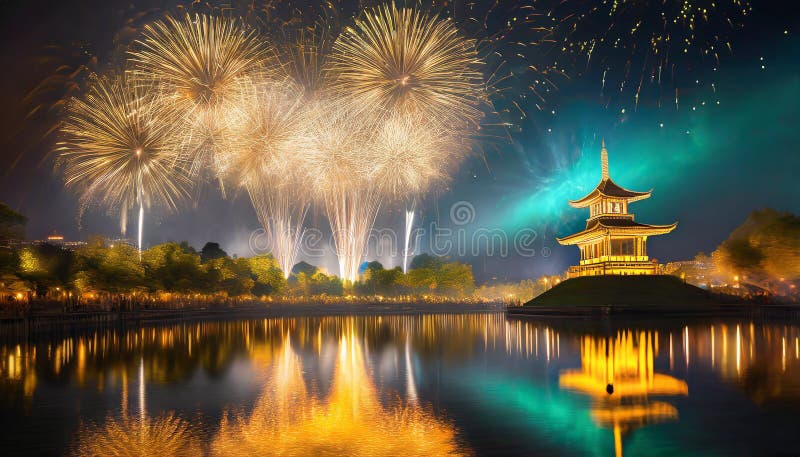 Fireworks with a Pagoda and a Pond of Light. AI Generated Stock ...