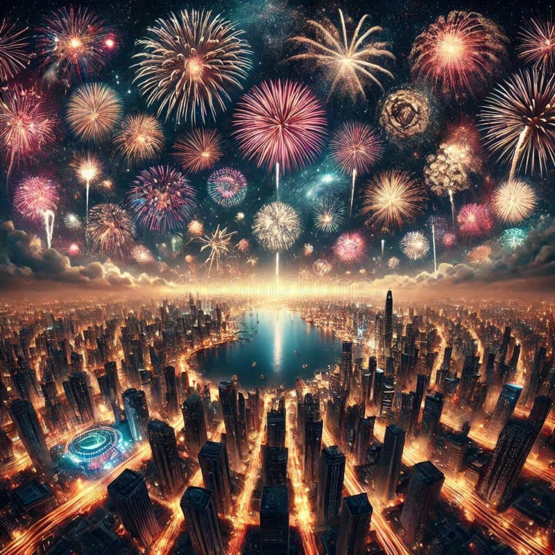 Fireworks in Panoramic View. Colorful Panoramic View of Fireworks Over ...