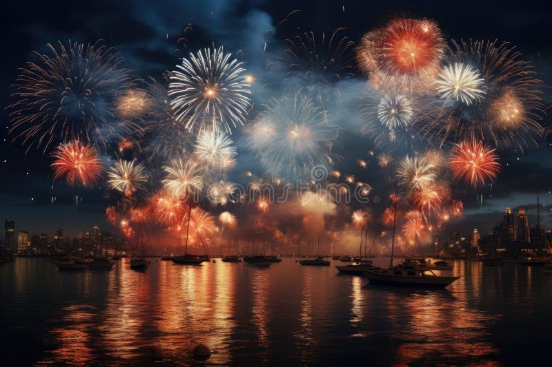 Fireworks in Panoramic View Stock Illustration - Illustration of happy ...