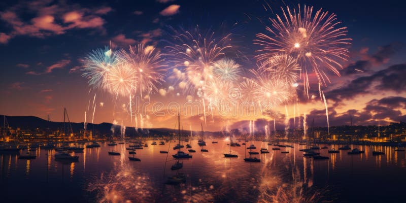 Fireworks in Panoramic View Stock Illustration - Illustration of happy ...