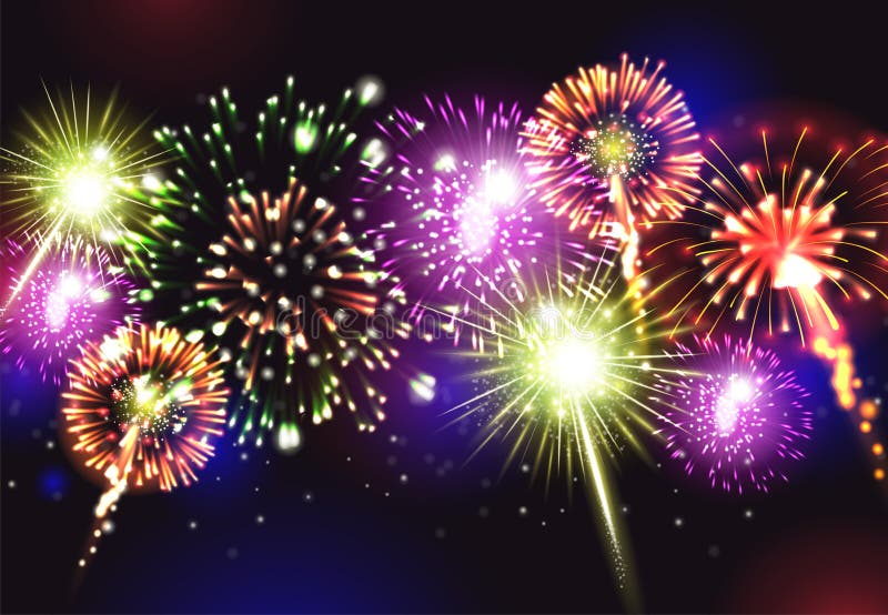 Fireworks Realistic Poster stock vector. Illustration of effect - 212651738
