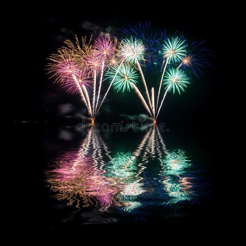 Fireworks Reflect Water for Festival Stock Image - Image of evening ...