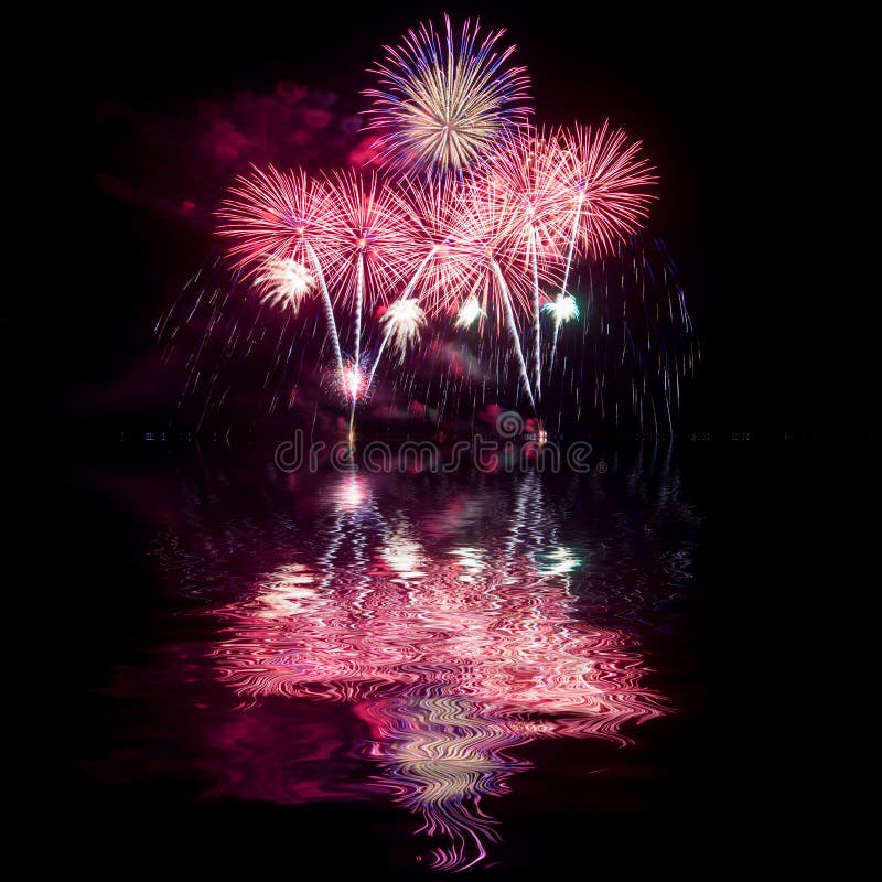 Fireworks Reflect Water for Festival Stock Photo - Image of night ...