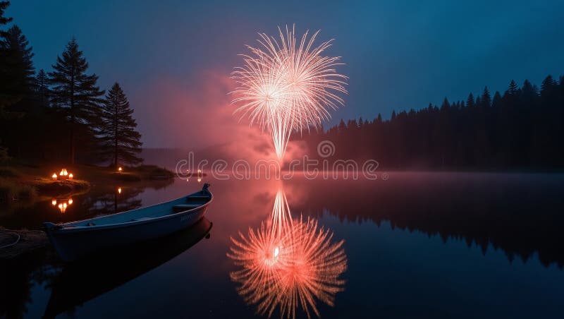 Fireworks Reflected in Calm Lake Waters with Boat and Shoreline Pines ...