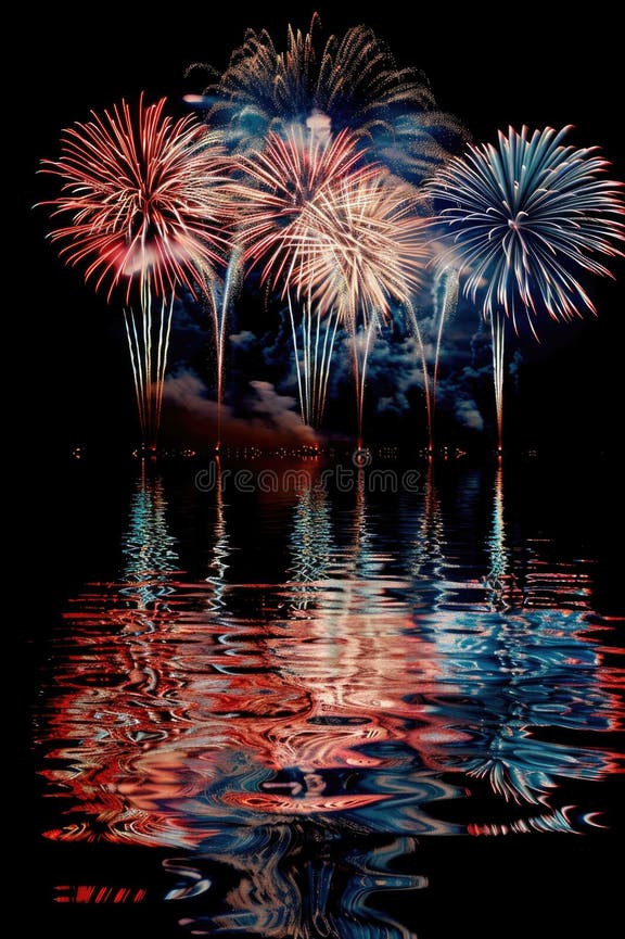 Fireworks Reflected in Water Stock Image - Image of july, booms: 375292157