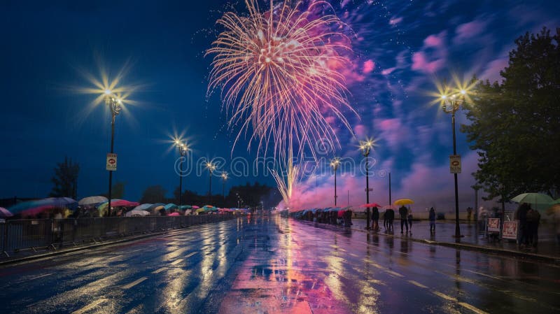 Fireworks Reflected in Wet Streets after Rain Stock Illustration ...