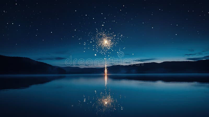 Fireworks Reflecting on a Calm Lake at Night Stock Photo - Image of ...