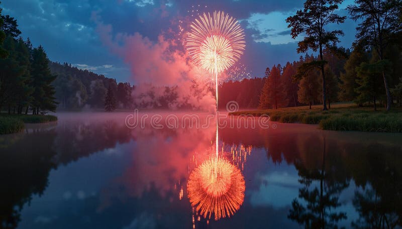 Fireworks Reflecting on Calm Lake at Twilight Stock Image - Image of ...