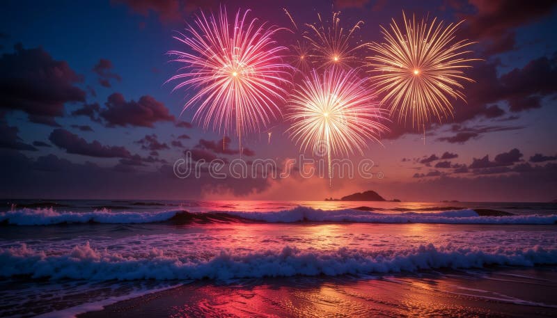 Fireworks Reflecting on Ocean Waves at Twilight Stock Illustration ...