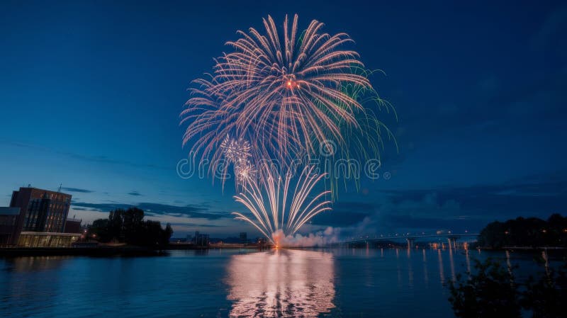 Fireworks Reflecting Over Water in a Stunning Night Display Stock ...