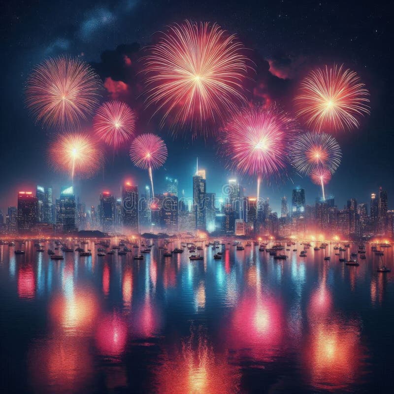Fireworks Reflecting Over Water in a Stunning Night Display Stock ...