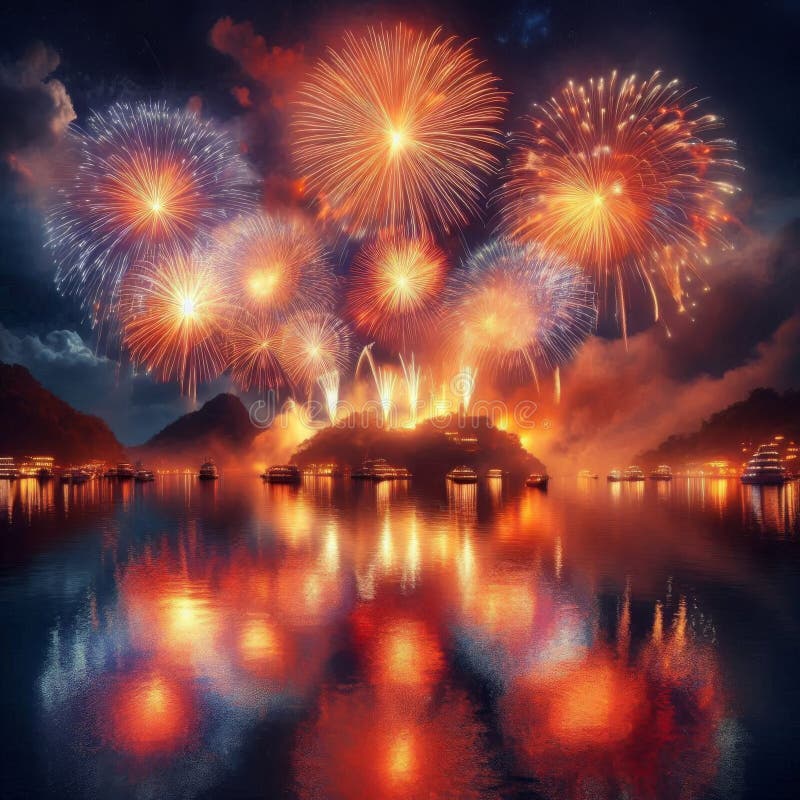 Fireworks Reflecting Over Water in a Stunning Night Display Stock ...