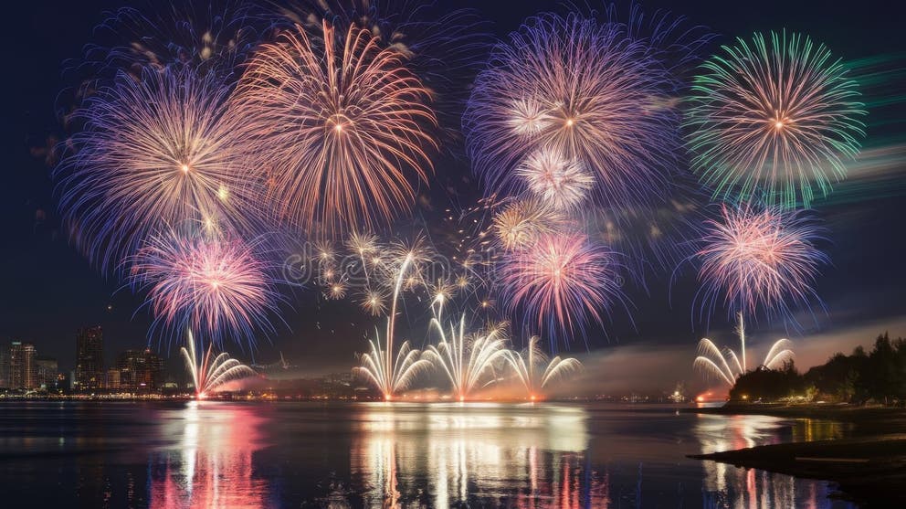 Fireworks Reflecting Over Water in a Stunning Night Display Stock ...