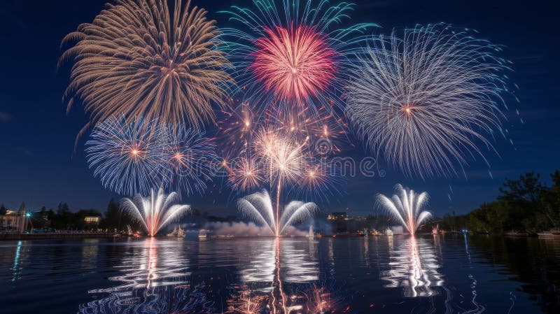 Fireworks Reflecting Over Water in a Stunning Night Display Stock ...