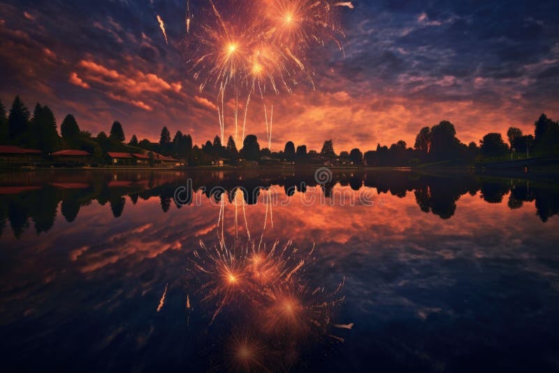 Fireworks Reflection on a Calm Lake Surface Stock Illustration ...