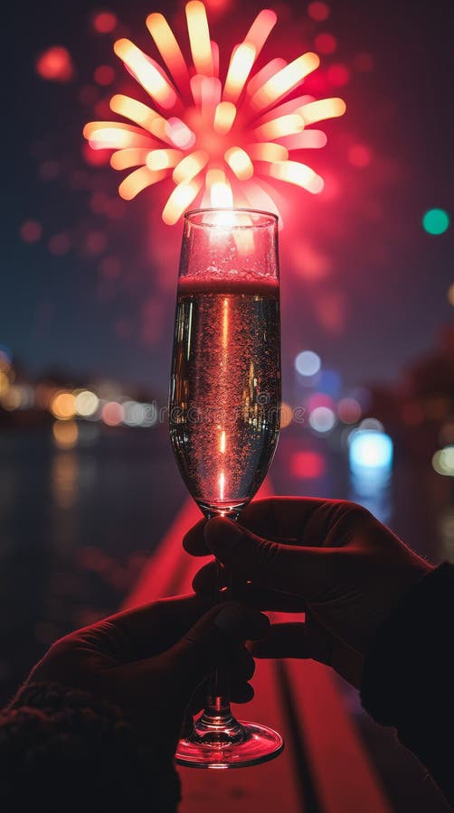 Fireworks Reflection in Champagne Glass - Christmas Card Stock Image ...