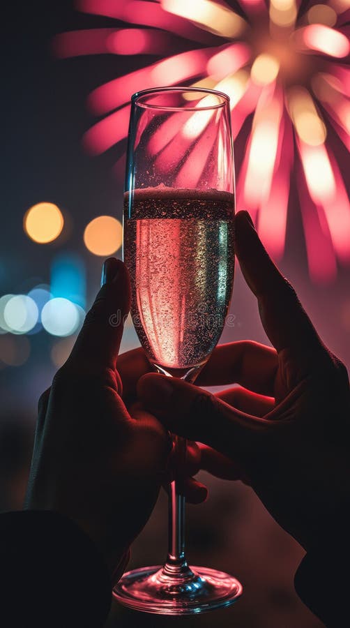 Fireworks Reflection in Champagne Glass - Christmas Card Stock Photo ...