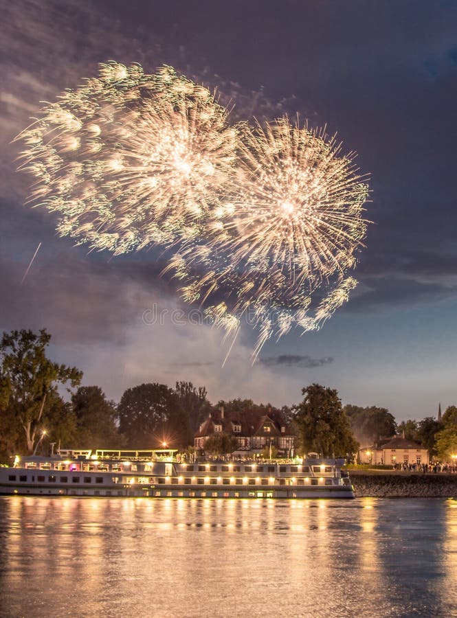 Fireworks on a River with a Boat Stock Image - Image of shore ...