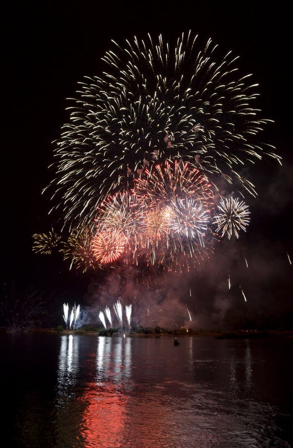 Fireworks on river stock image. Image of close, holiday - 136985829