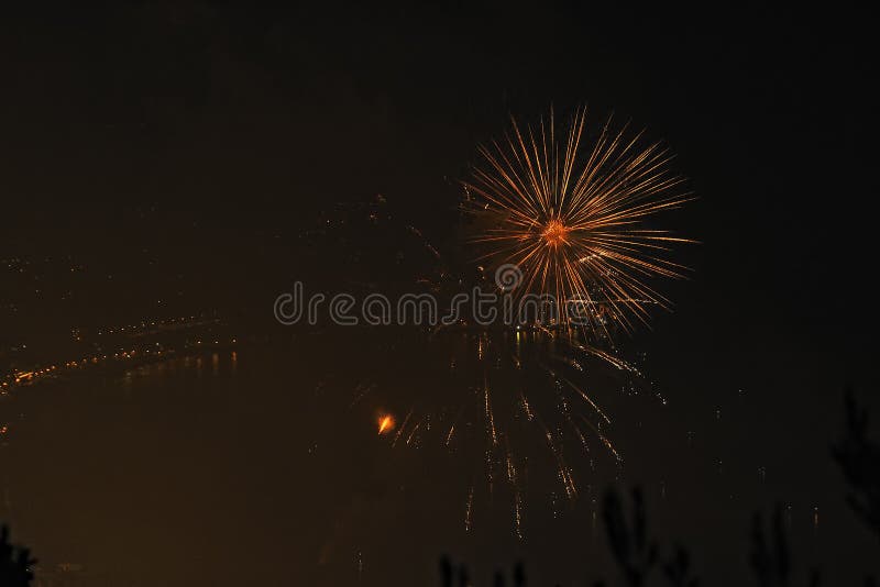 Fireworks on the sea stock image. Image of black, illuminated - 206912573