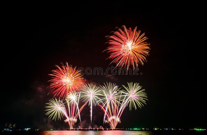 Fireworks at the Sea in Night Time for Celebration of New Years Stock ...