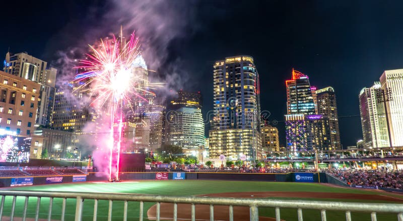 Fireworks Show Over Charlotte Skyline Post Baseball Game Editorial ...